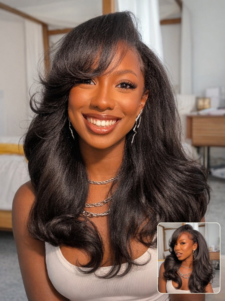 Sunber 7x5 Pre Cut Side-Part Blowout Lob Yaki Straight Lace Part Wig W